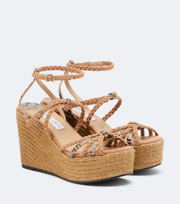 JIMMY CHOO Nyra Braided Leather Espadrille Wedges - Beige