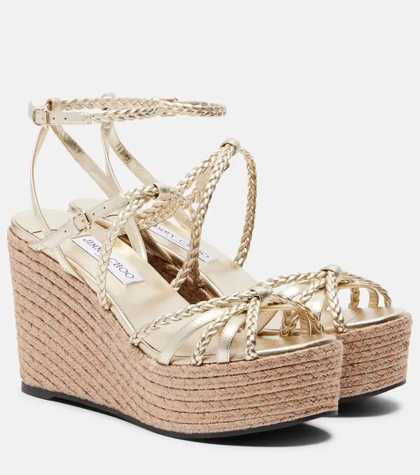 JIMMY CHOO Nyra Braided Leather Espadrille Wedges - Gold