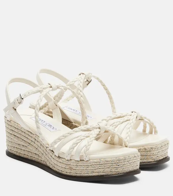 JIMMY CHOO Nyra Braided Leather Espadrille Wedge Sandals - White