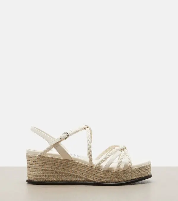 JIMMY CHOO Nyra Braided Leather Espadrille Wedges - White