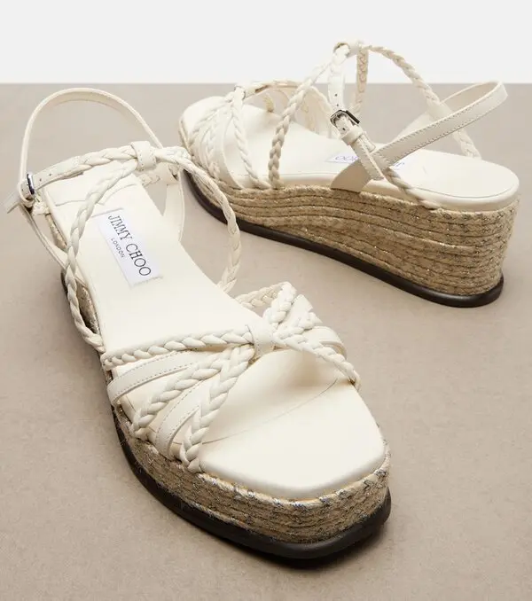 JIMMY CHOO Nyra Braided Leather Espadrille Wedges - White