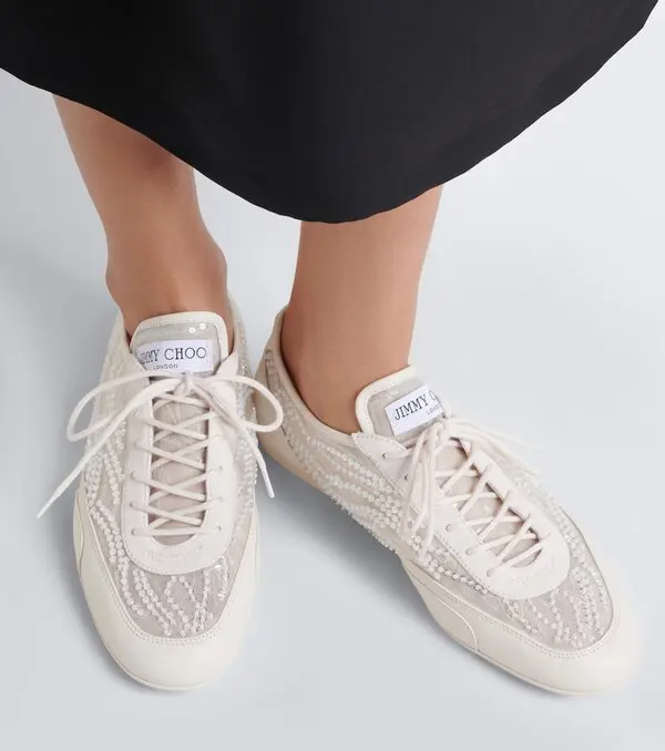 JIMMY CHOO Suede-trimmed Embellished Sneakers - White