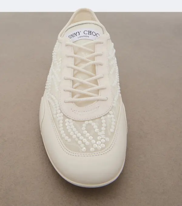 JIMMY CHOO Suede-trimmed Embellished Sneakers - White
