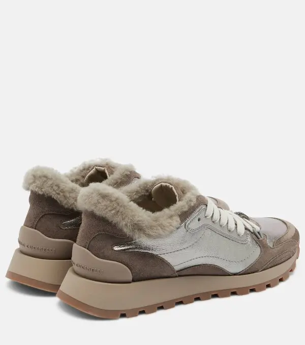 Brunello Cucinelli Monili Shearling-trimmed Leather Sneakers - Beige