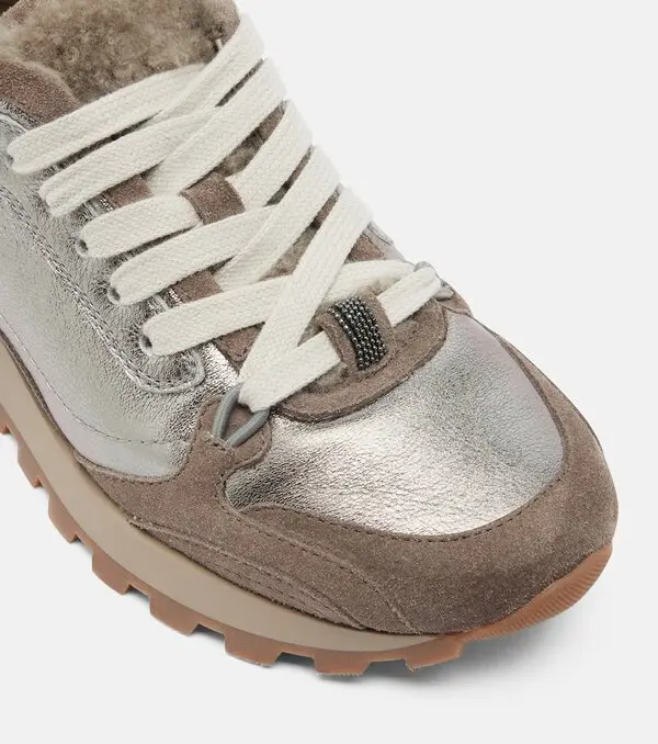 Brunello Cucinelli Monili Shearling-trimmed Leather Sneakers - Beige