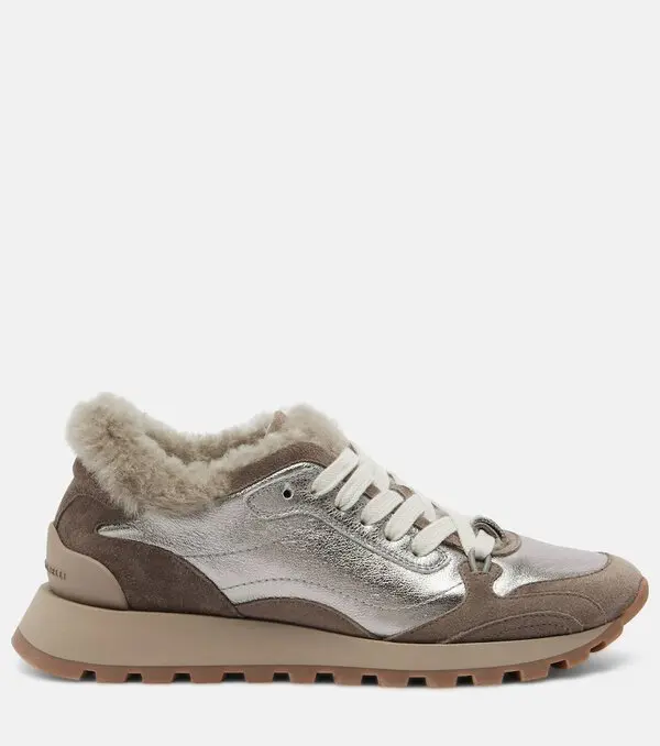 Brunello Cucinelli Monili Shearling-trimmed Leather Sneakers - Beige