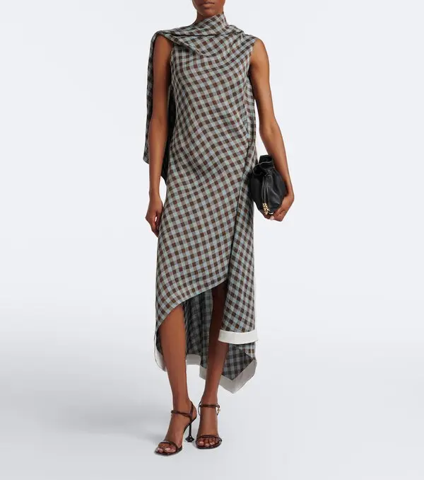 Loewe Asymmetric Gingham Crepe Midi Dress