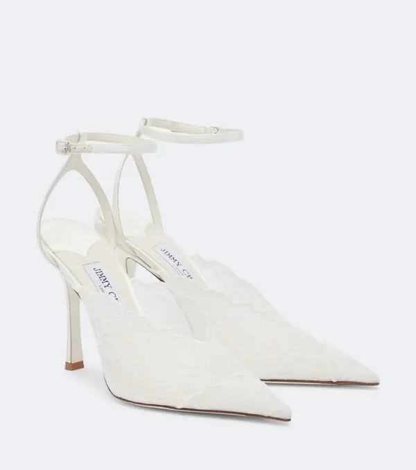 JIMMY CHOO Lace And Leather Pumps With Ankle Strap - White