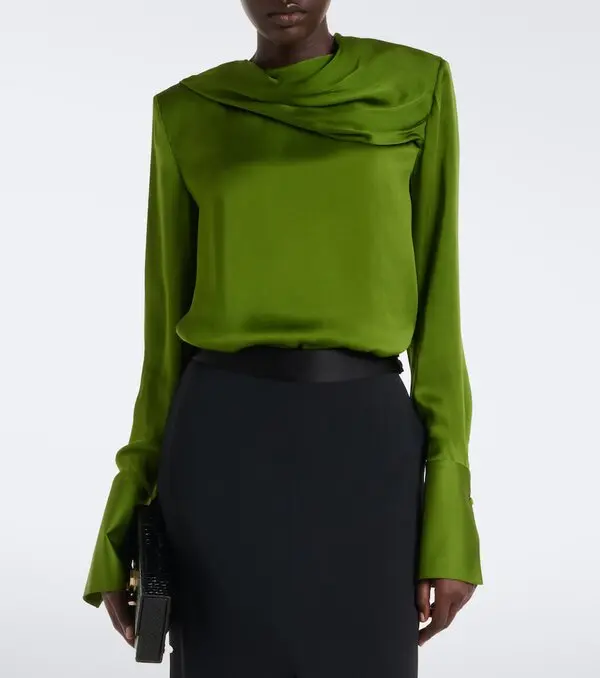 TOM FORD Draped Silk Satin Top With Concealed Zip Back - Green