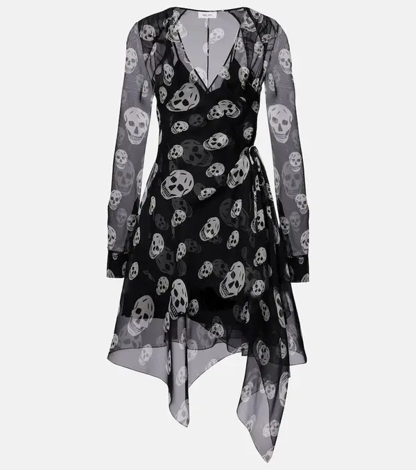 Alexander McQueen Asymmetrical Skull Print Silk Chiffon Wrap Dress