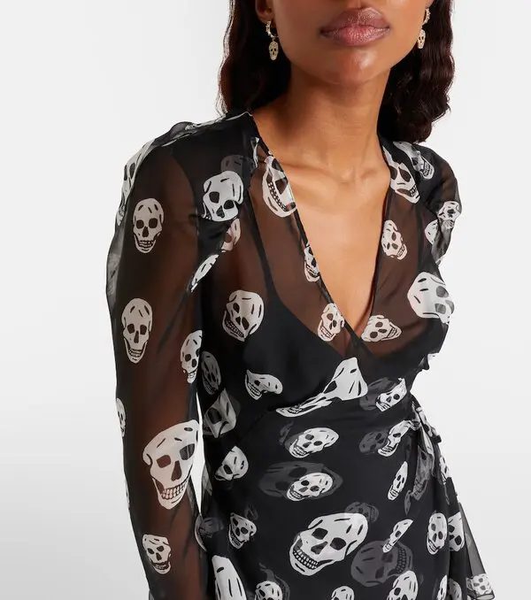 Alexander McQueen Asymmetrical Skull Print Silk Chiffon Wrap Dress