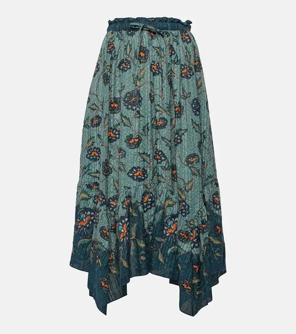 Ulla Johnson Asymmetric Floral Print Midi Skirt - Blue
