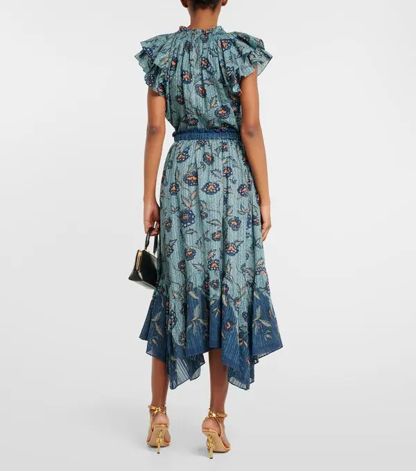 Ulla Johnson Asymmetric Floral Print Midi Skirt - Blue
