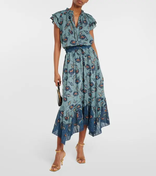 Ulla Johnson Asymmetric Floral Print Midi Skirt - Blue