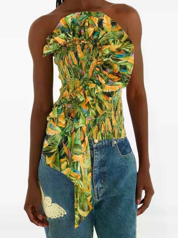 Farm Rio Strapless Parrot Print Smocked Top