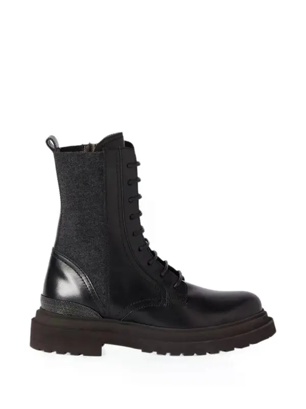 Brunello Cucinelli Matte Calfskin And Virgin Wool Flannel Lace-up Boots With Monili Detail - Black