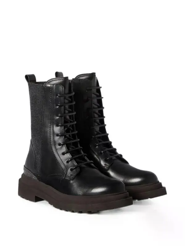 Brunello Cucinelli Matte Calfskin And Virgin Wool Flannel Lace-up Boots With Monili Detail - Black