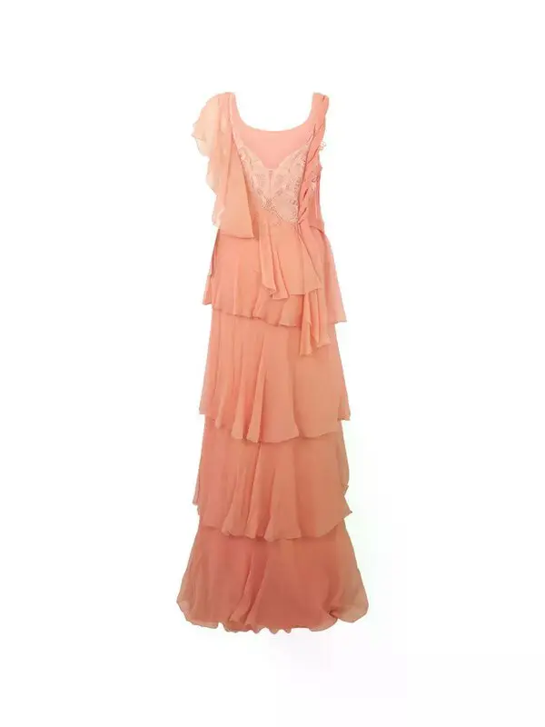 Alberta Ferretti Peach Silk Ruffled Maxi Dress