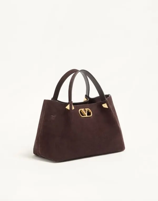 Valentino Garavani Small Shopping Bag In Soft Suede With Maxi Studs - Ebony