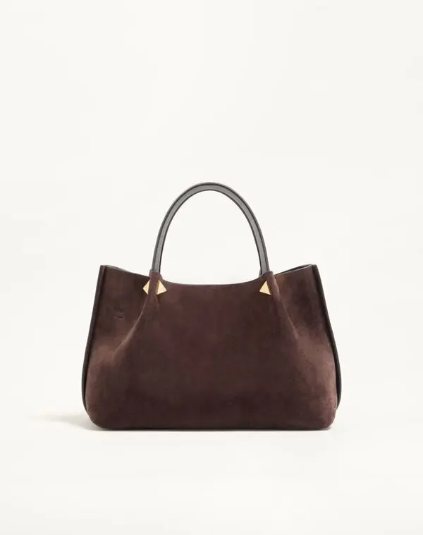Valentino Garavani Small Shopping Bag In Soft Suede With Maxi Studs - Ebony