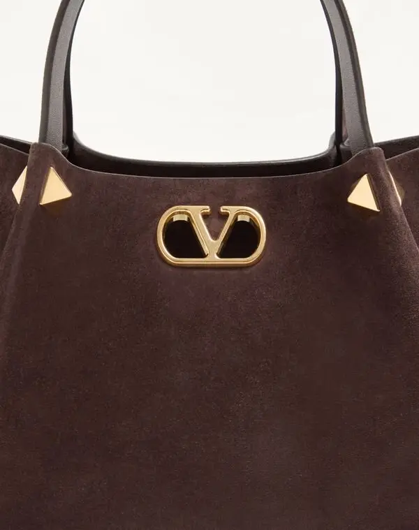 Valentino Garavani Small Shopping Bag In Soft Suede With Maxi Studs - Ebony