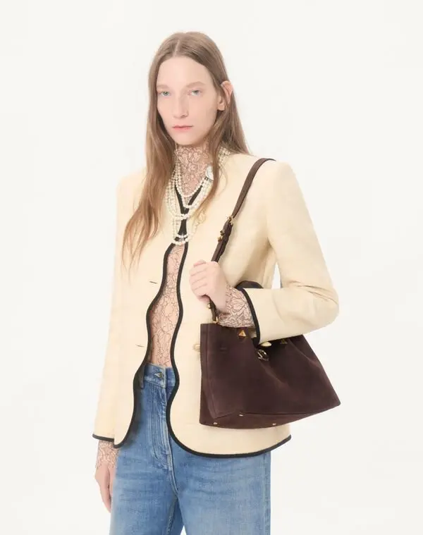 Valentino Garavani Small Shopping Bag In Soft Suede With Maxi Studs - Ebony