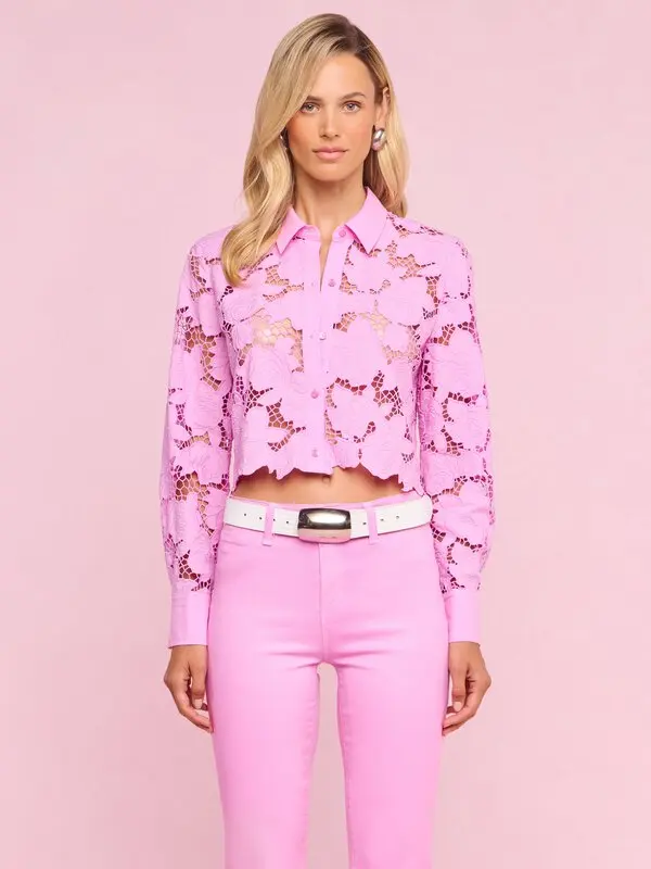 L'Agence Seychelle Cropped Eyelet Blouse Top