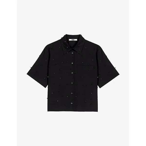 Maje Rhinestone Beaded Short Sleeve Cotton Shirt