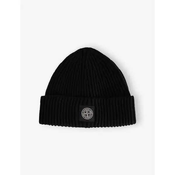 Stone Island Logo-patch Ribbed Wool Beanie Hat - Black
