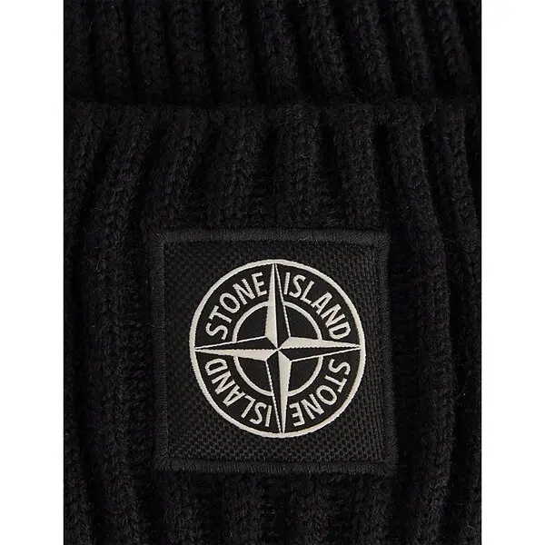 Stone Island Logo-patch Ribbed Wool Beanie Hat - Black