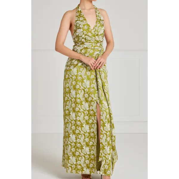 TEMPERLEY LONDON Halterneck Maxi Dress With Anemone Jacquard - Chartreuse