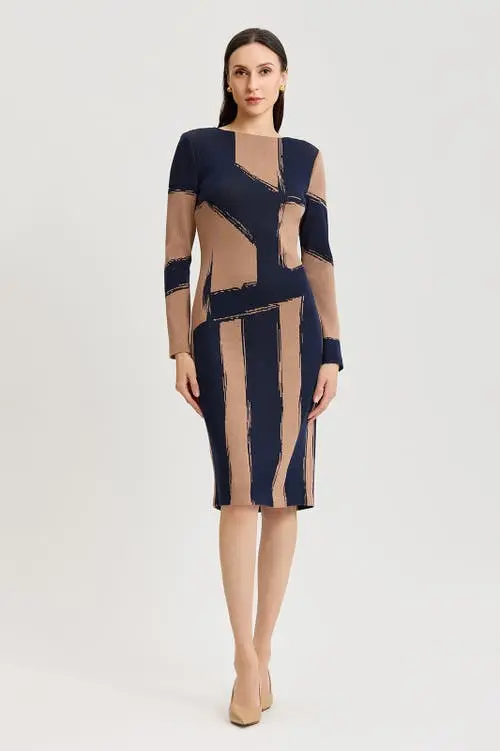 Ming Wang Brushstroke Soft Knit Sheath Dress - Warm Taupe/indigo