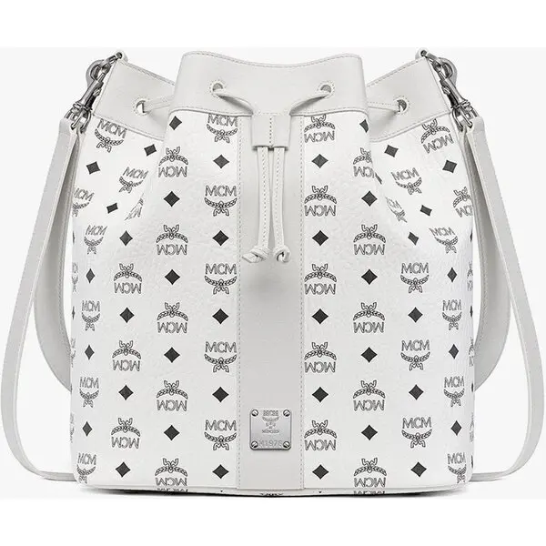 Mcm Large Dessau Drawstring Bag In Visetos - White
