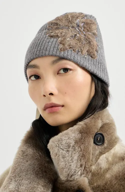 Brunello Cucinelli Cashmere Ribbed Beanie With Whispering Bloom Embroidery