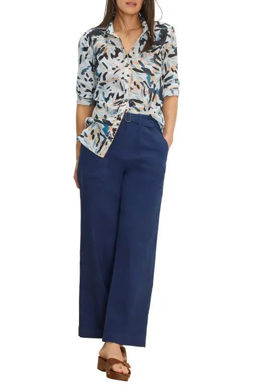 NIC+ZOE Abstract Floral Print Embroidered Cotton Button-up Top