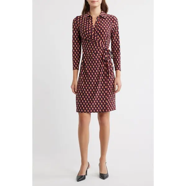 Anne Klein Geo Print Knit Wrap Dress - Rust Multi