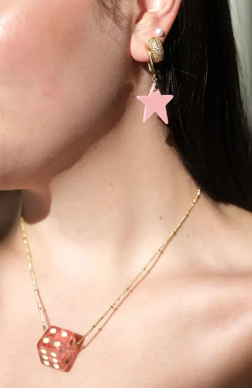 NICKEL & SUEDE Gold Plated Brass Dice Charm Necklace - Pink/silver