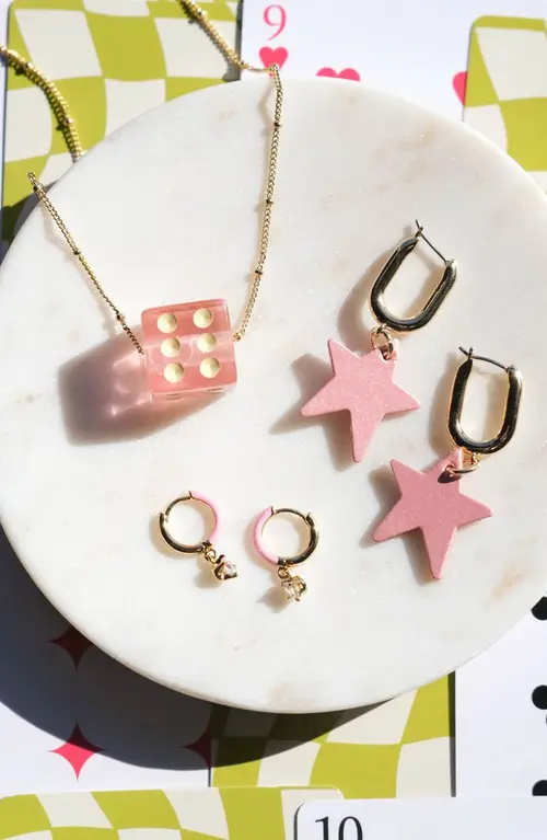 NICKEL & SUEDE Gold Plated Brass Dice Charm Necklace - Pink/silver