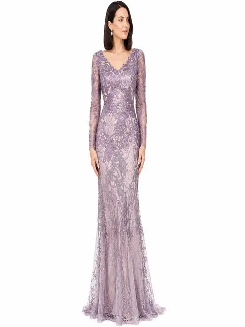 LARA NEW YORK Long Sleeve V-neck Mermaid Gown - Purple