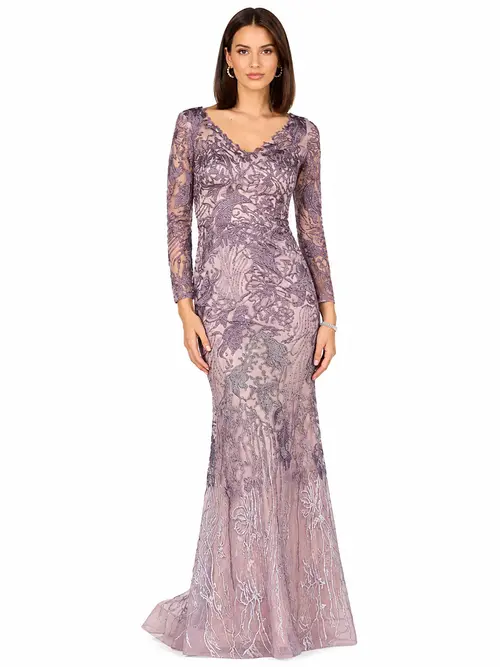 LARA NEW YORK Long Sleeve V-neck Mermaid Gown - Purple
