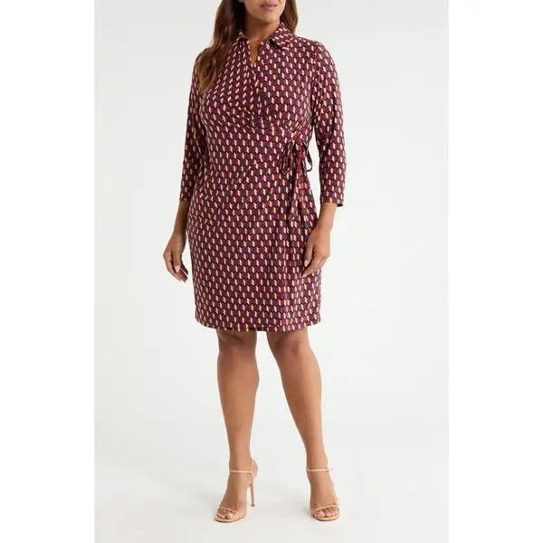 Anne Klein Geo Print Knit Wrap Dress - Rust Multi