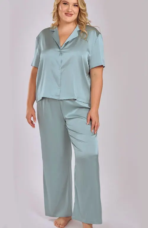 ICOLLECTION Stretch Satin Pajama Set With Button-down Top