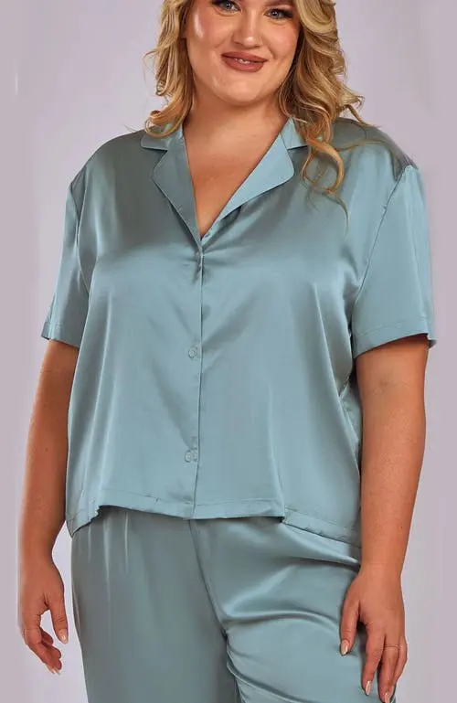 ICOLLECTION Stretch Satin Pajama Set With Button-down Top