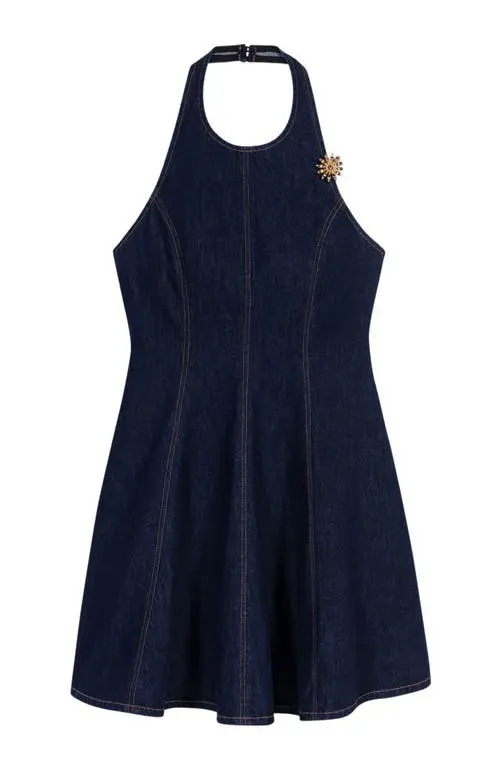 Maje Denim Halterneck Dress With Brooch Detail - Navy