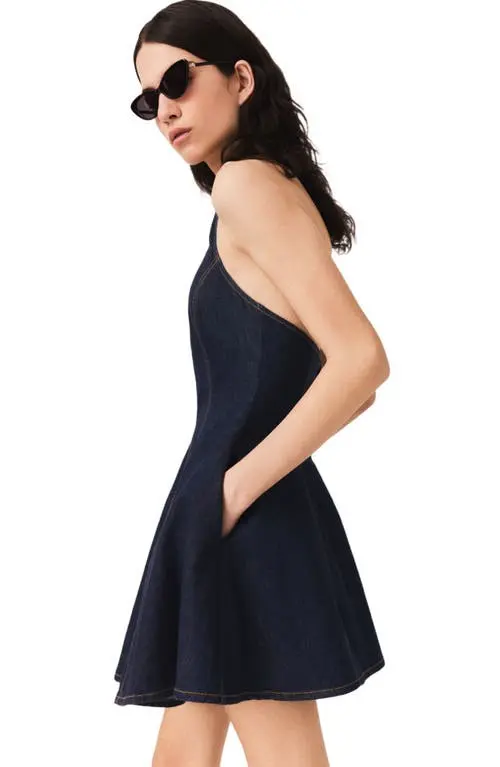 Maje Denim Halterneck Dress With Brooch Detail - Navy