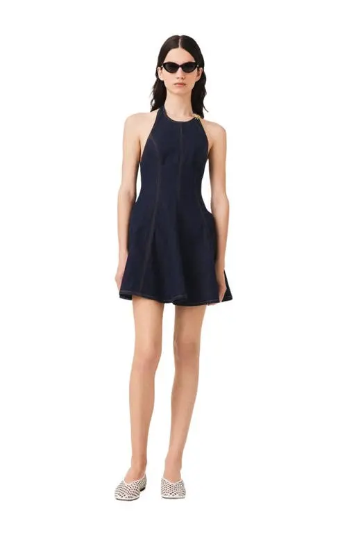 Maje Denim Halterneck Dress With Brooch Detail - Navy