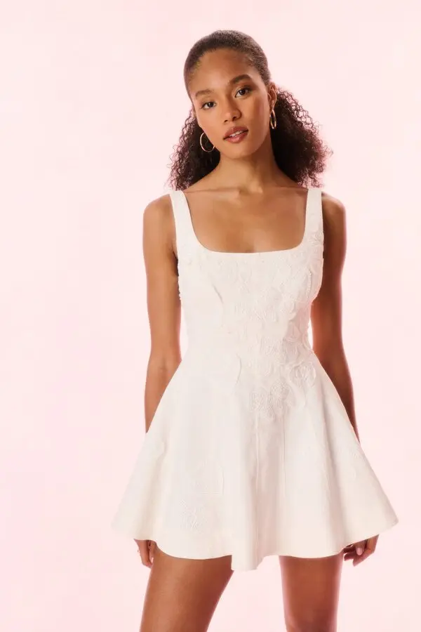 LoveShackFancy Vionne Denim Embroidered Mini Dress - White