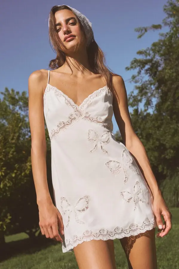 LoveShackFancy Cori Crepe Lace Bow Mini Dress