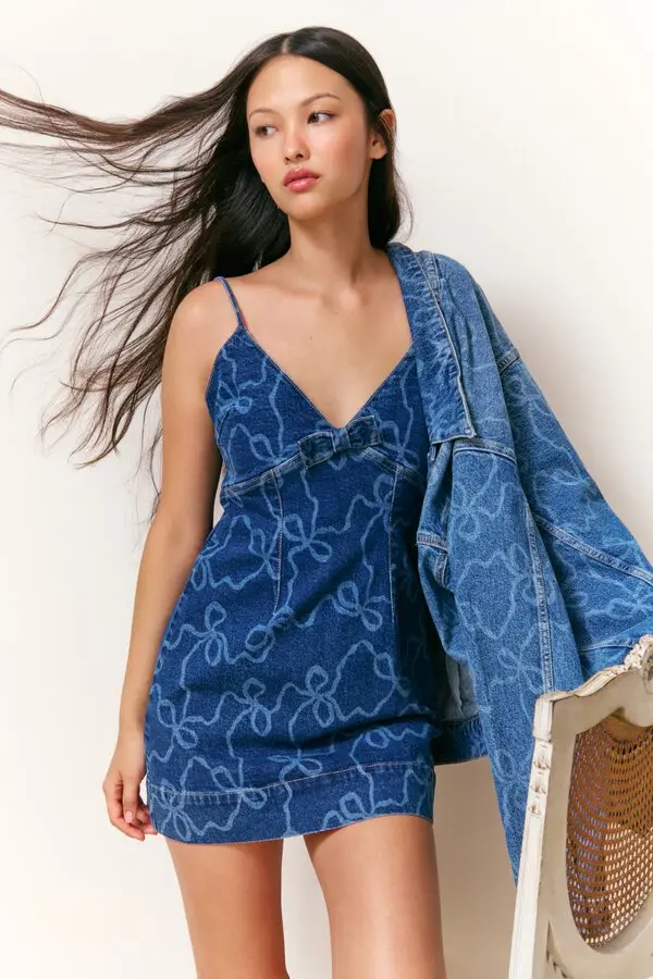 LoveShackFancy Solina Denim Bow Mini Dress