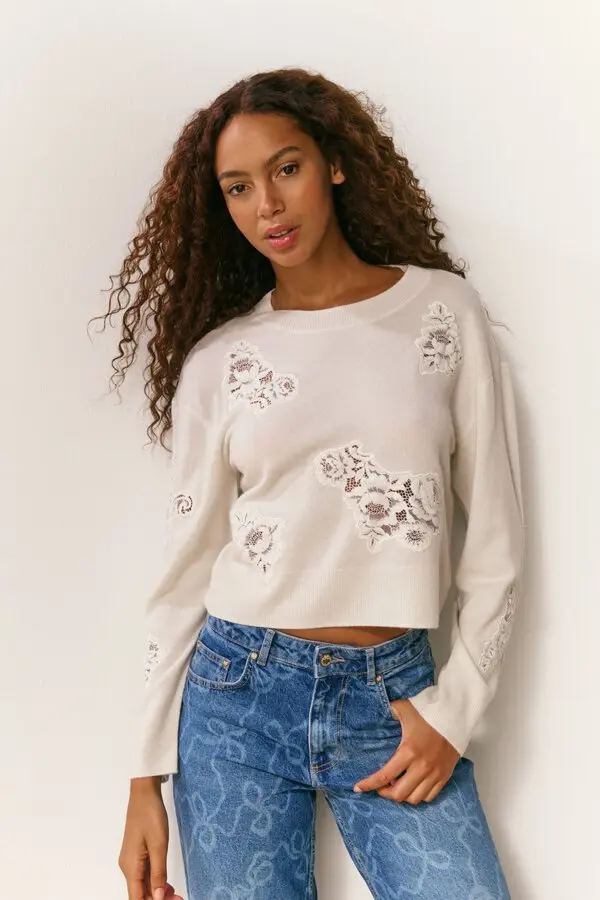 LoveShackFancy Lazuli Cashmere & Lace Sweater - Ivory